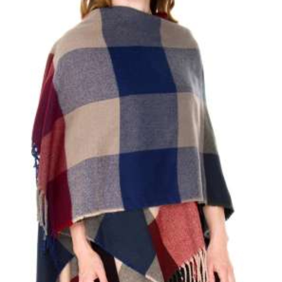 Accessories | Check Print Ruana With Fringes Shawl Scarf | Poshmark
